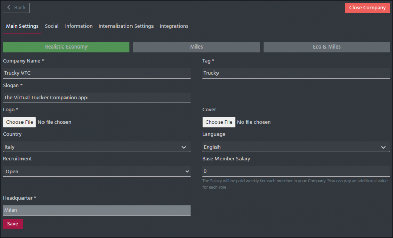 VTC Settings - Trucky - The Virtual Trucker Companion App